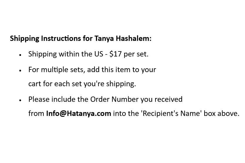 SHIPPING TANYA $17 charge for EACH Tanya set-store.kehotonline.com